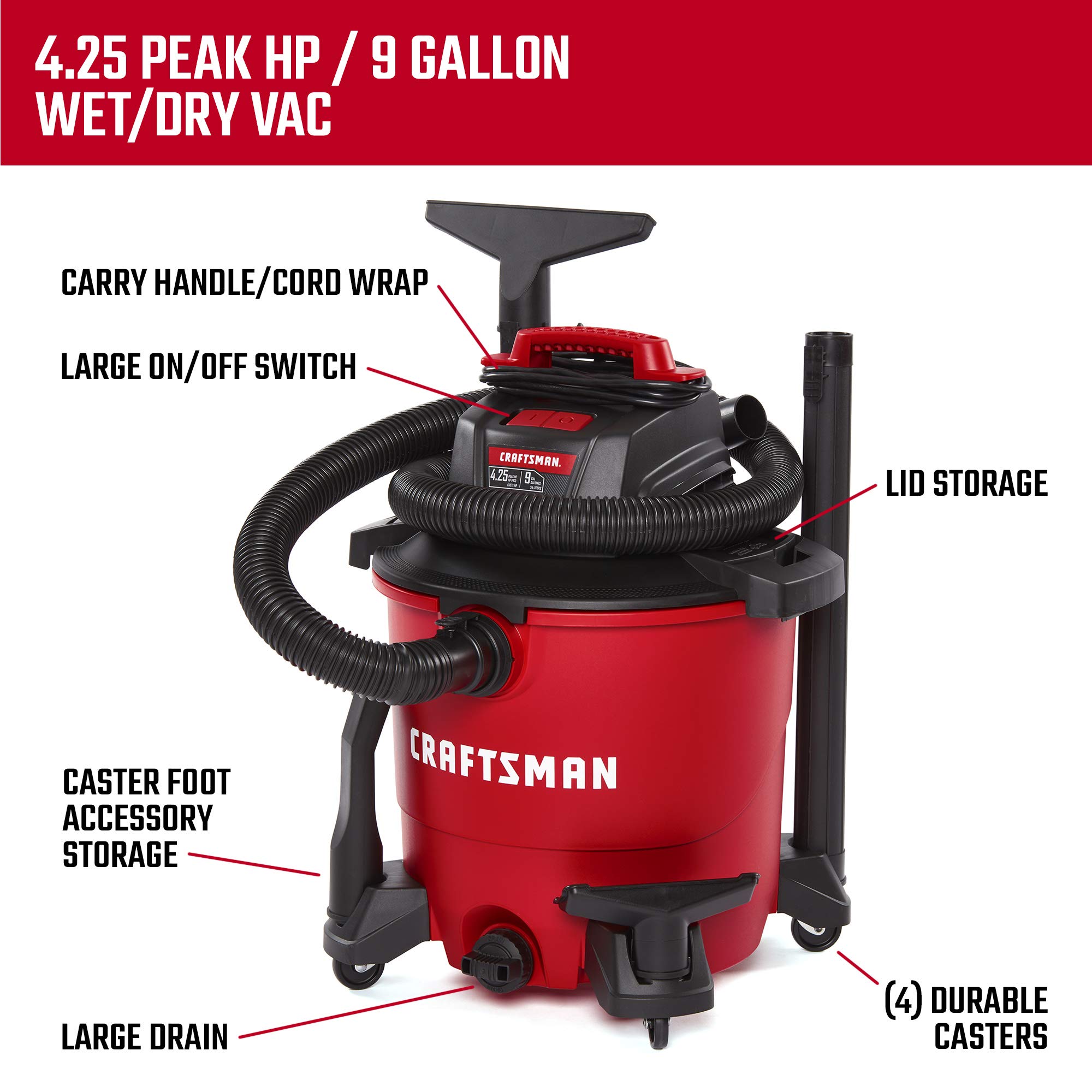 CRAFTSMAN CMXEVBE17590 9 Gallon 4.25 Peak HP Wet/Dry Vac, Portable Shop Vacuum with Attachments and Additional Dust Collection Bags