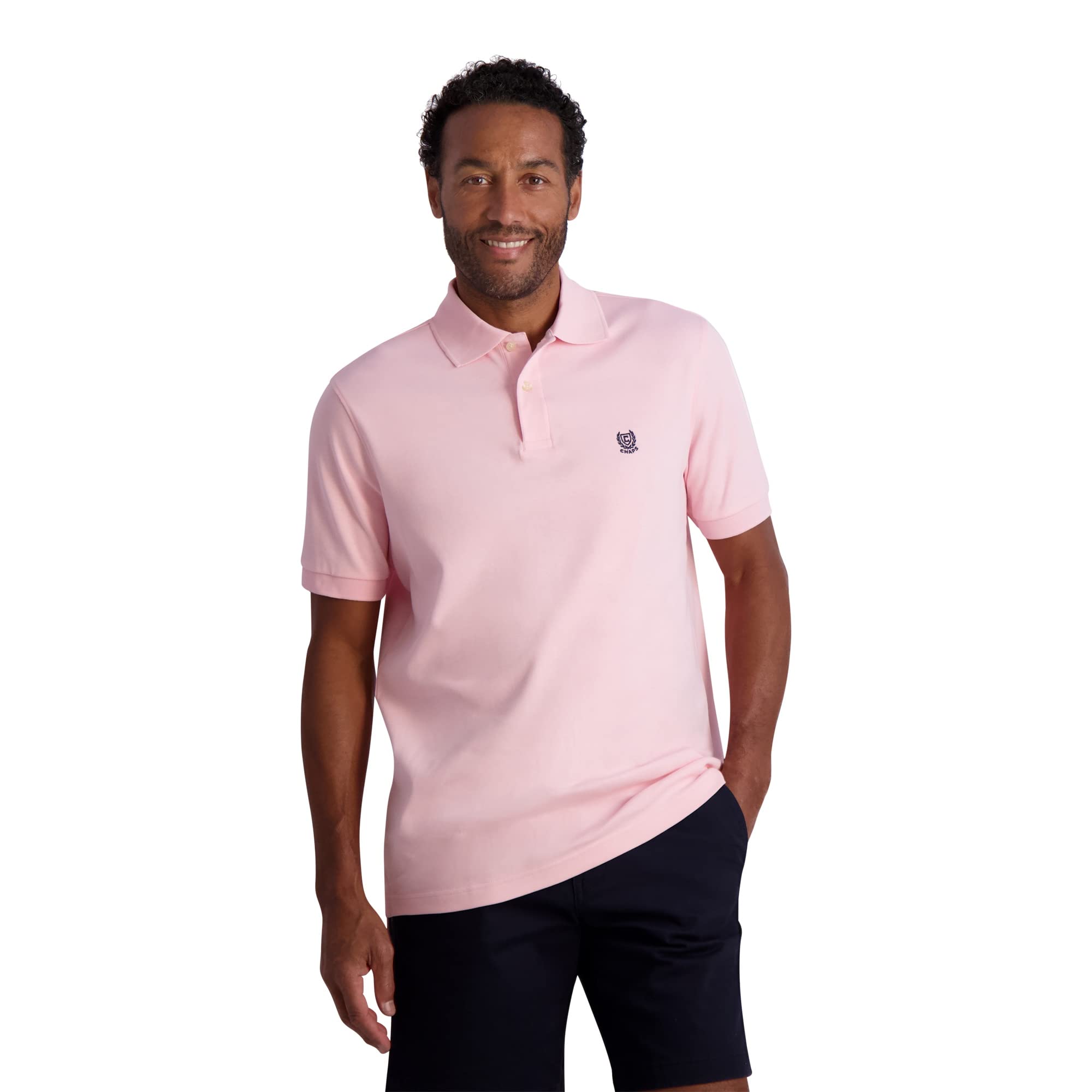 Chaps Men's Polo Shirt - Classic Fit Short Sleeve 2-Button Double Knit Cotton Polo Shirt (S-XL), Size Medium, Pink Carnation