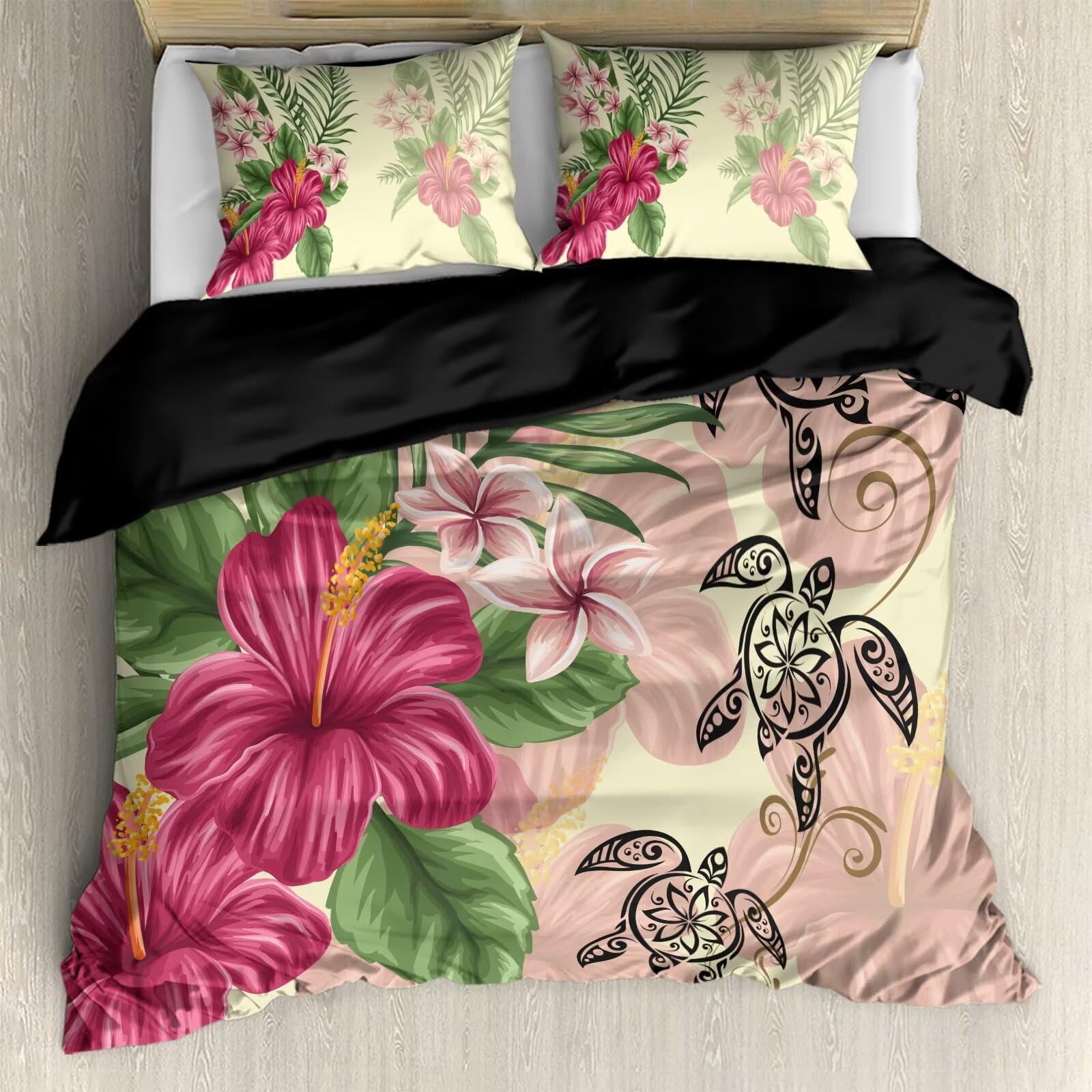 Gearider Pink Tropical Hibiscus Floral Printed Duvet Cover, Mandala Turtle Soft Bedding Set, 3 Pieces, Zipper Closure & 2 Pillow Shams - Size Queen