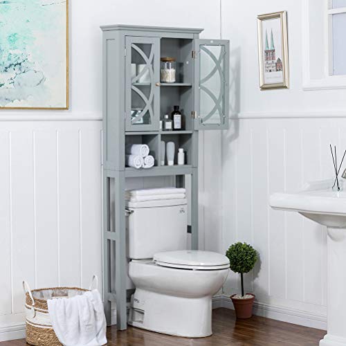 glitzhome 68.25 Inch Wooden Free Standing Storage Cabinet with Double Glass Doors Bathroom Cabinet Spacesaver Grey
