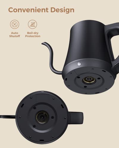 Electric Gooseneck Kettle with Variable Temperature Control,Tea Kettle & Pour Over Coffee Kettle,100% Stainless Steel Inner Lid & Bottom,Quick Heating, Auto Shutoff Anti-dry Protection,1000W-1 L