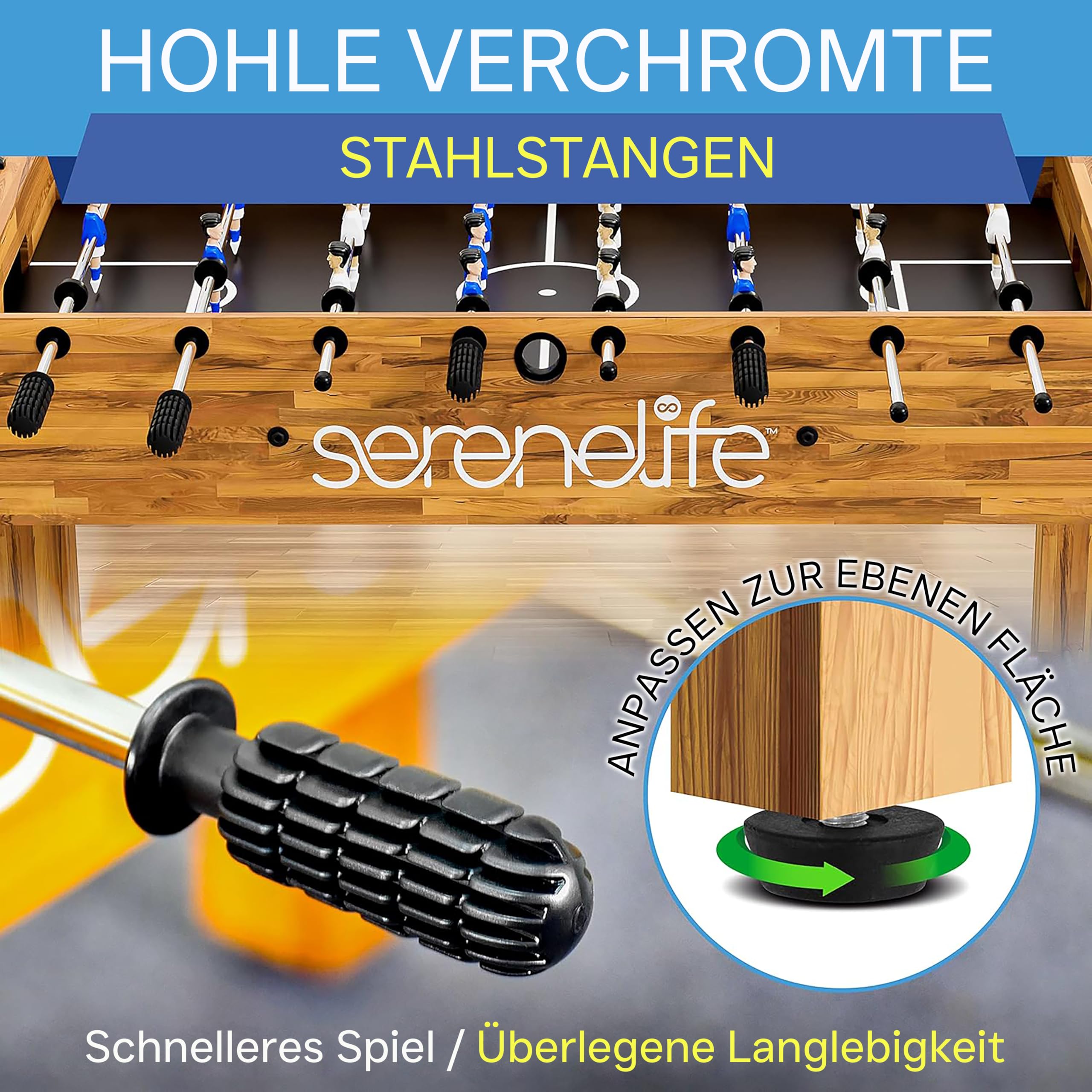 SereneLife 48in Competition Sized Foosball Table - Height Adjustable Arcade Soccer Set for Home, Game Room, Man Cave - Includes 2 Balls & 2 Fold-Out Cup Holders, Natural