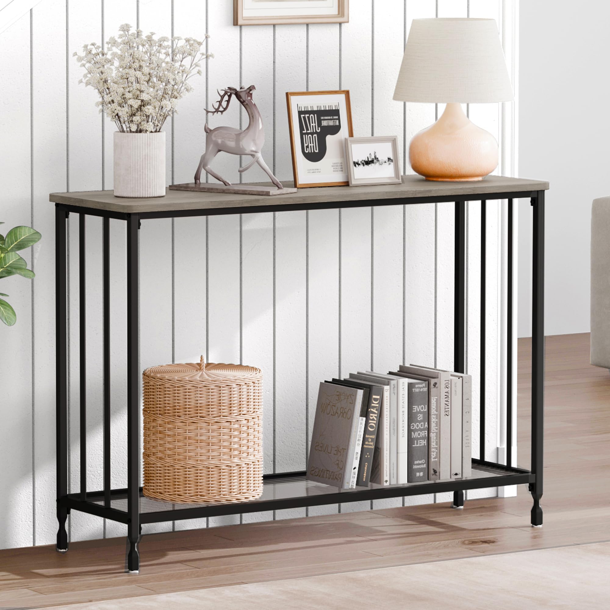 IDEALHOUSE 33.5" Narrow Console Table, Small Entryway Table with Glass Shelf and Metal Frame, Sofa Table Narrow Long Behind Couch Table, Modern Gold