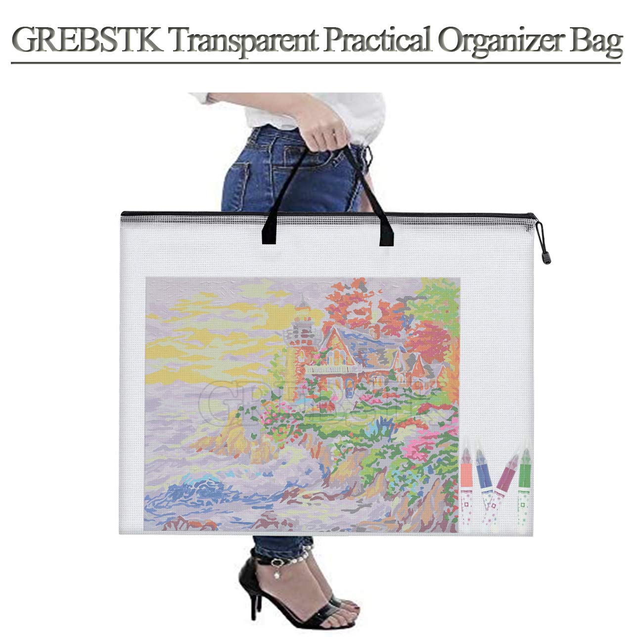 GREBSTK 2 Piece Large Posters Art Portfolio Bag 28 x 20 Inch Poster Storage Bag Board Holder with Handle and Zipper Organizer Transparent Bag for Posters, Poster Board, Painting, Bulletin Boards