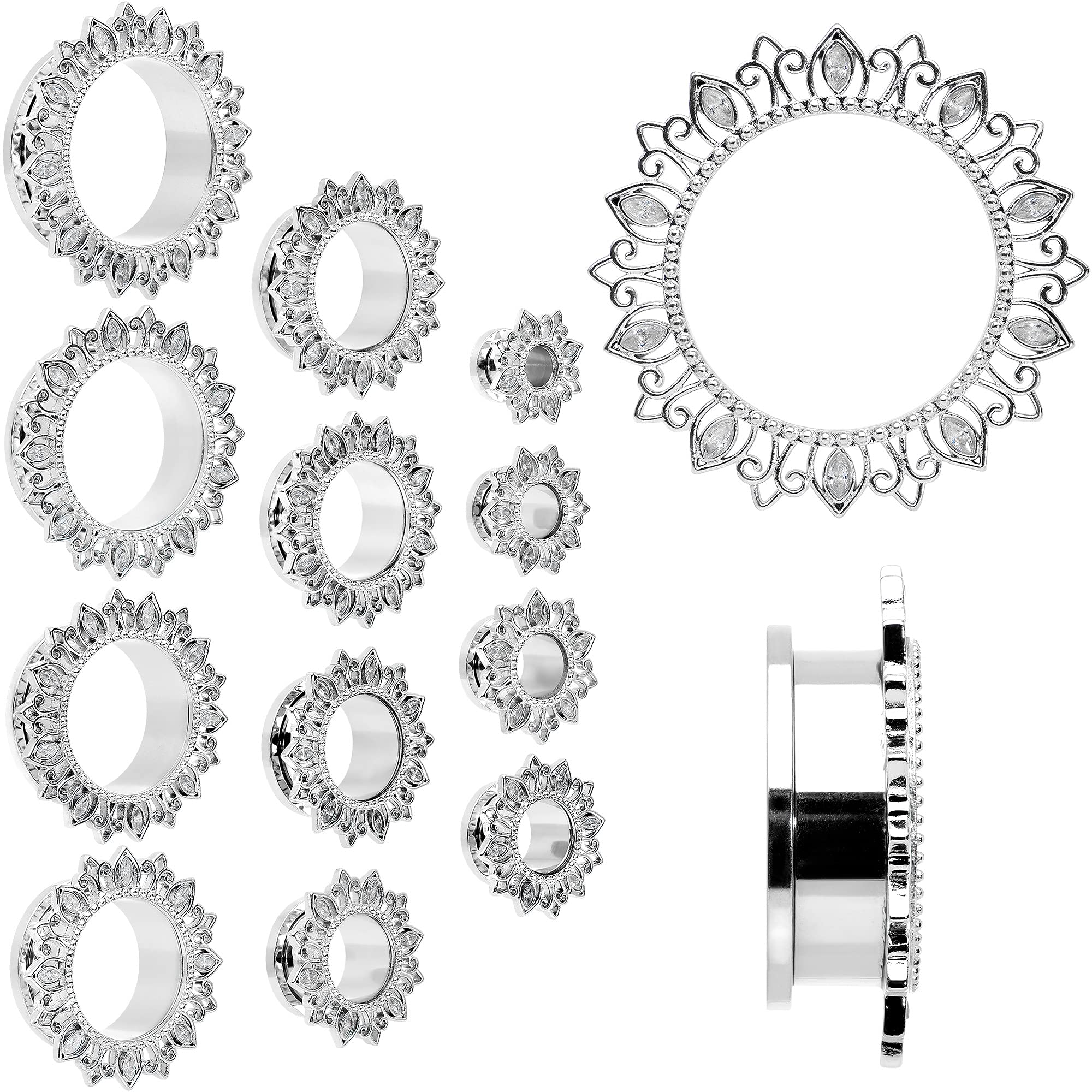 Body Candy Womens 2Pc Steel Clear Lotus Flower 7/16" Double Flare Screw Fit Tunnel Plug Ear Plug Gauges Set