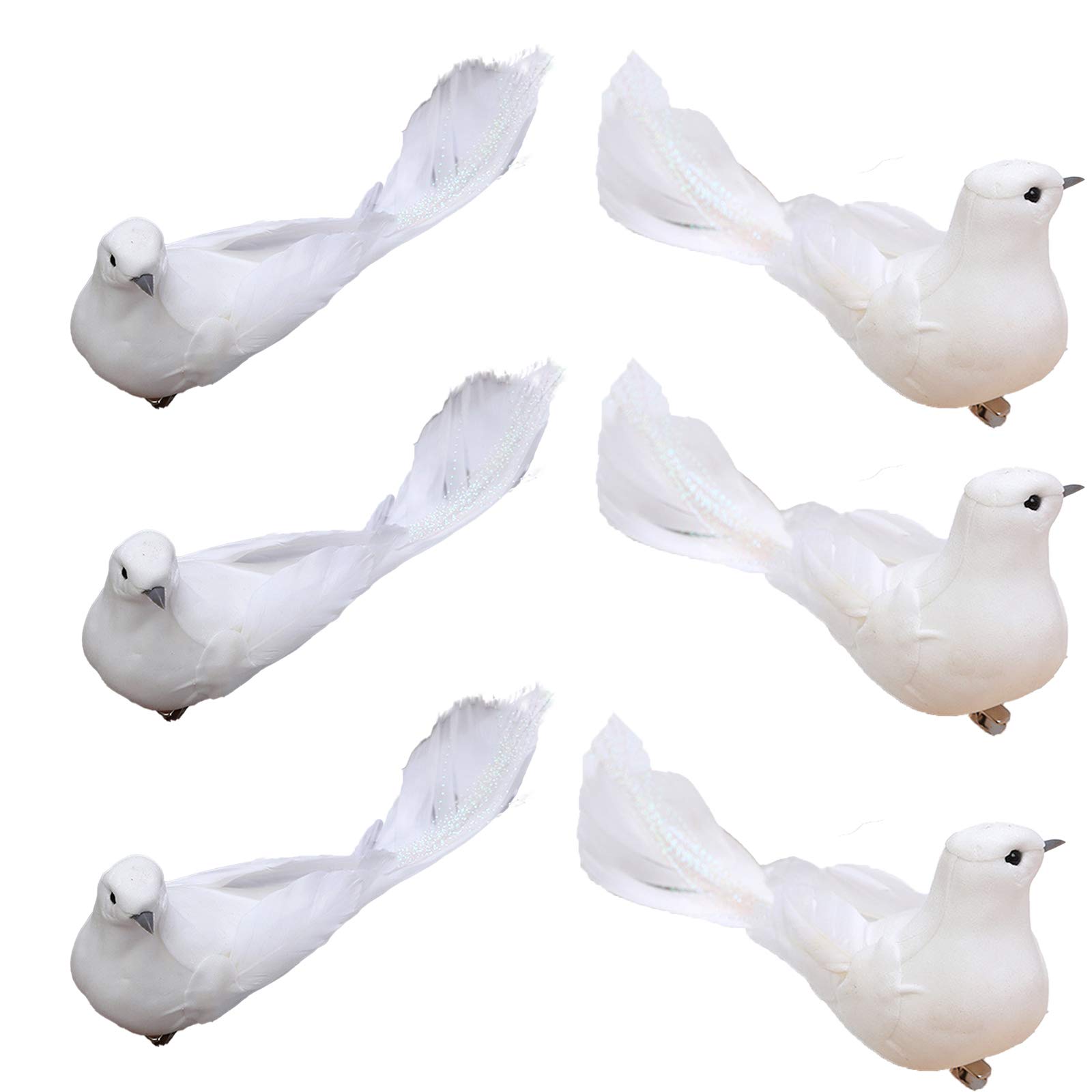 OHJ Artificial Feathered White Birds,Long Tail Artificial White Pigeon,Simulation Foam Craft Birds with Clips-on Christmas Tree Ornament Decorative Fake Doves,for Home Garden Wedding Decor (Pack of 6)