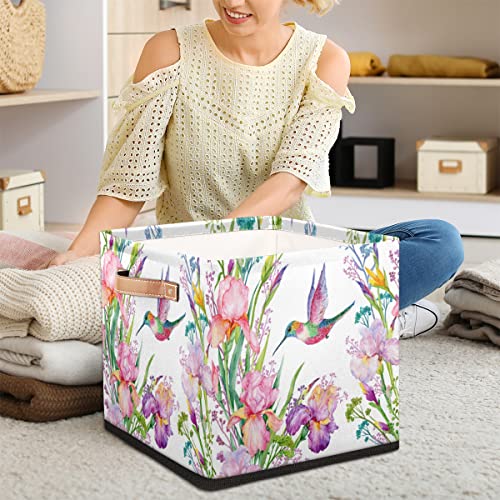 DJYQBFA Storage Basket Hummingbird Flowers Watercolor Collapsible Storage Bin with Handles Large Canvas Storage Cubes Toy Basket for Shelves Closet Nursery Cabinet Living Room Organizer 13x13x13