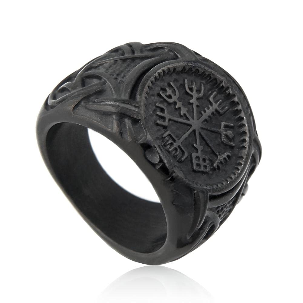 BAVIPOWER Viking Vegvisir Norse Compass Ring Stainless Steel Black Accessory Guardian Protection Amulet For Men Women