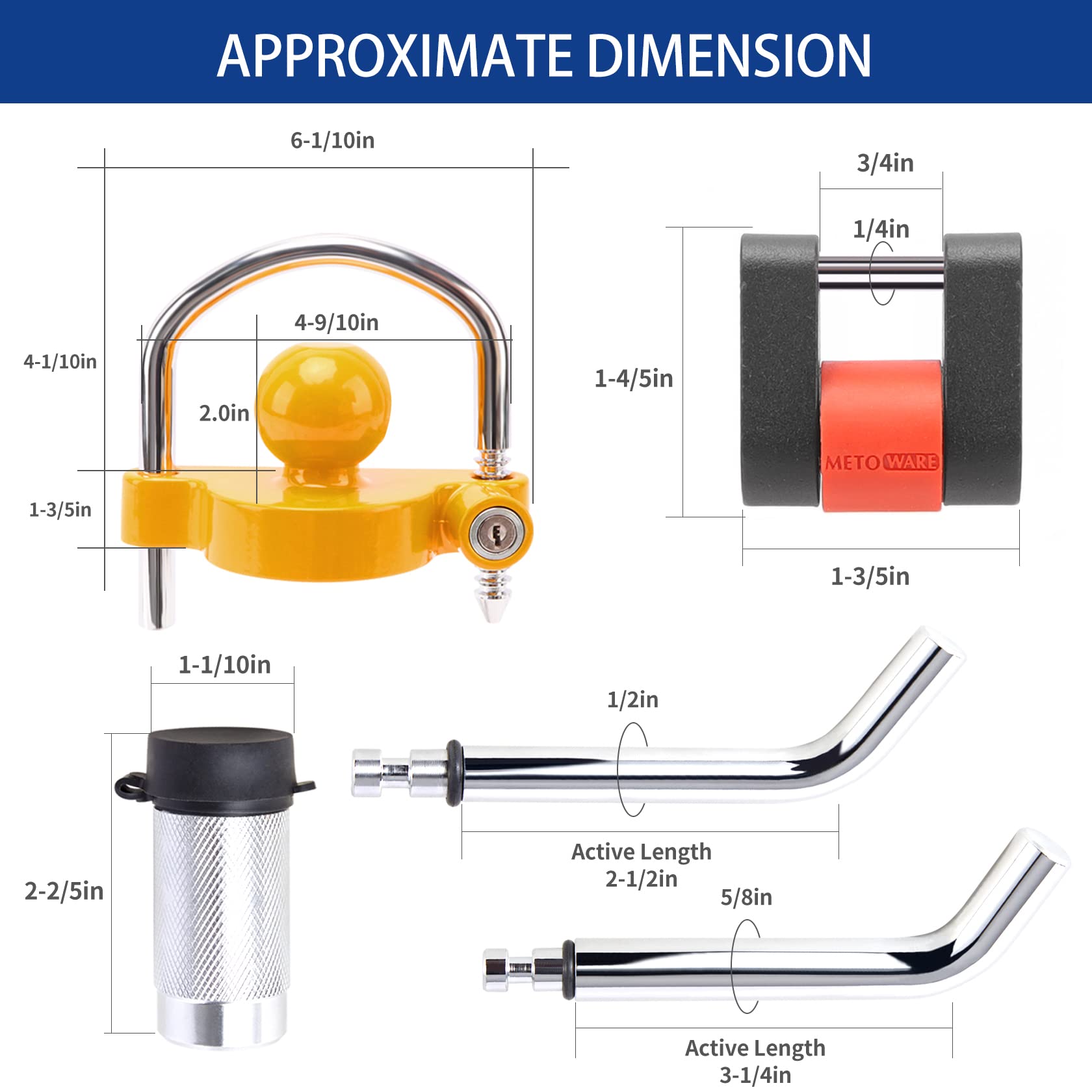 Keyed Alike Trailer Receiver Lock& Coupler Lock Kit, 1/2" and 5/8" Dia Dual Bent Pin Hitch Lock, 1/4β Dia 3/4β Inch Span Coupler Lock,Universal Tow Ball Lock Fits 1-7/8",2' 2-5/16" Coupler Yellow
