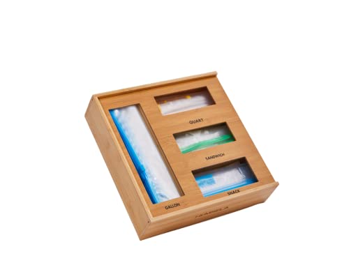 HEMSELA Ziplock Bag Organizer, kitchen drawer organizer with foil and plastic wrap, aluminum foil organizer, ziplock bag dispenser With Cutter, Compatible for Gallon, Quart, Sandwich & Snack (Wooden)