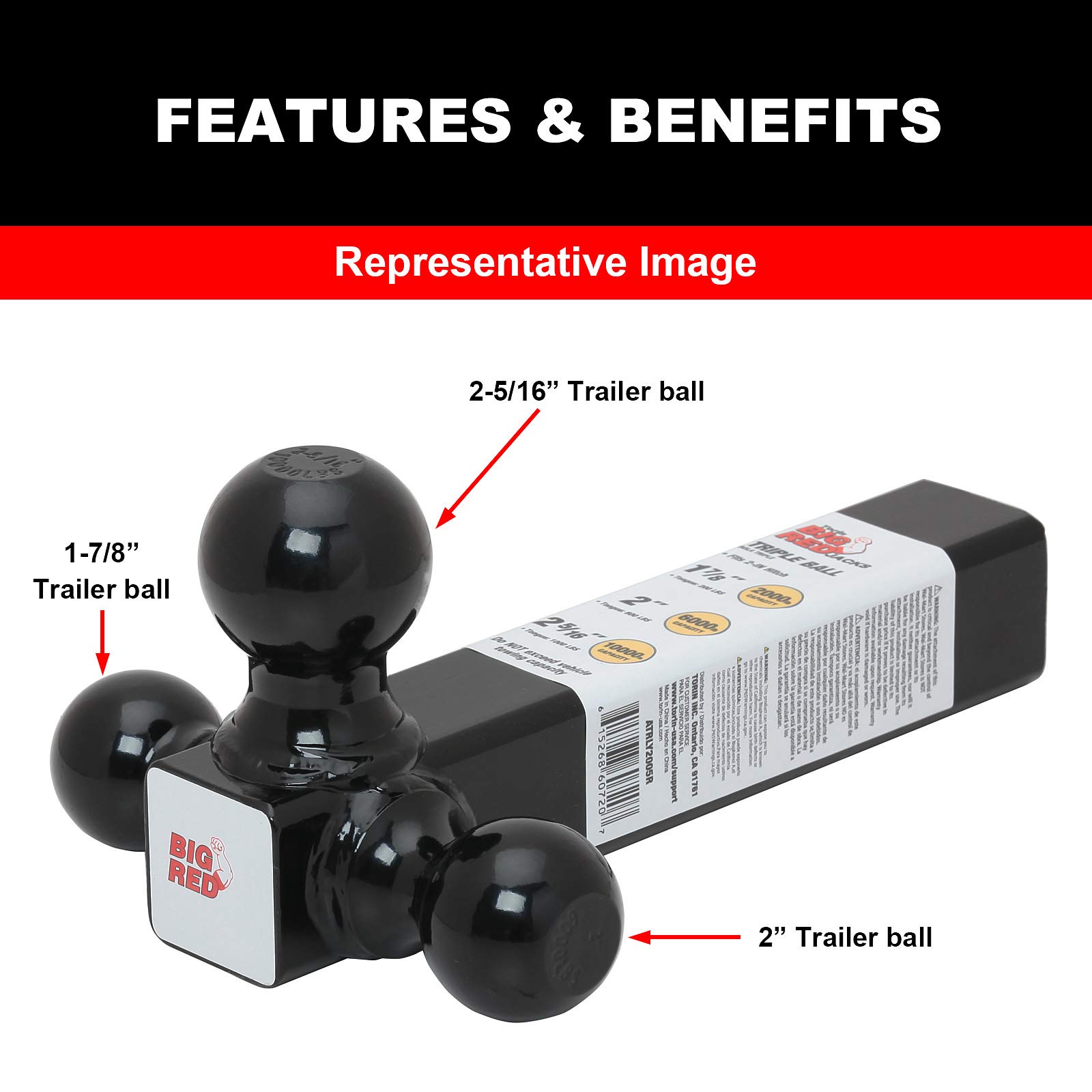 BIG RED ATRLY2005R Torin Trailer Hitch with Triple Ball Mount, Sizes 1-7/8", 2" and 2-5/16"