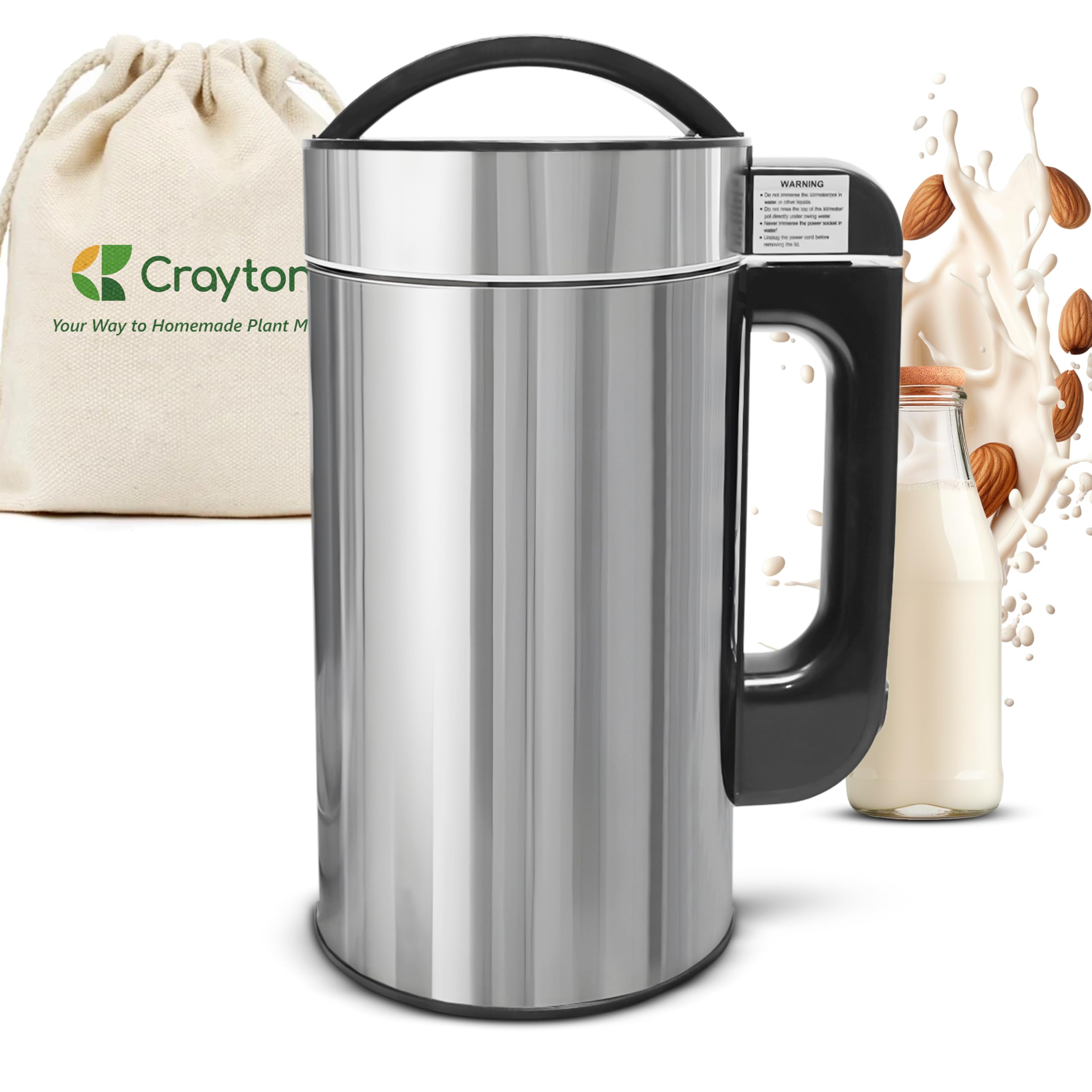 Crayton Nut Milk Maker Machine with Built-in Strainer, 51oz/ 1.5L Stainless Steel Almond Milk Maker for Soy, Almond, Oat, Cashew Nut Milks & More, 7-in-1 Multi-Functional, 6-7 Cups Per Batch, 120V