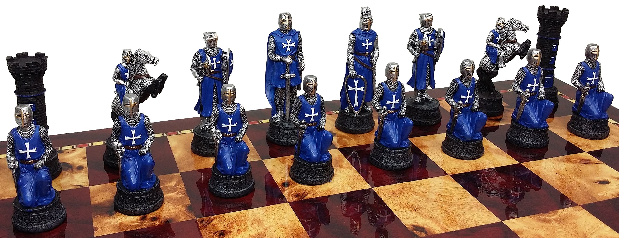 Medieval Times Crusades Knight Blue and White Set of Chess Men Pieces Hand Painted With Maltese Cross - no Board
