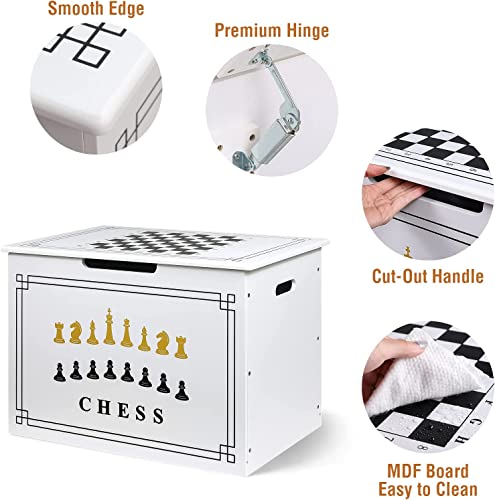 Wooden Toy Box and Storage Chest with Chess and Safety Hinge for Kids and Babies – Girls and Boys - White