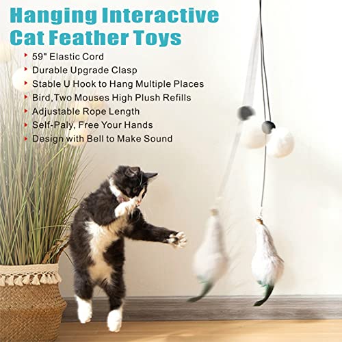Otunrues Cat Feather Toys, Interactive Cats Toy for Indoor Cats, Hanging Cat Toys Doorway Retractable Cat Teaser Toy 4PCS Replaceable Natural Feathers Refills Play Exercise Puzzle Toys