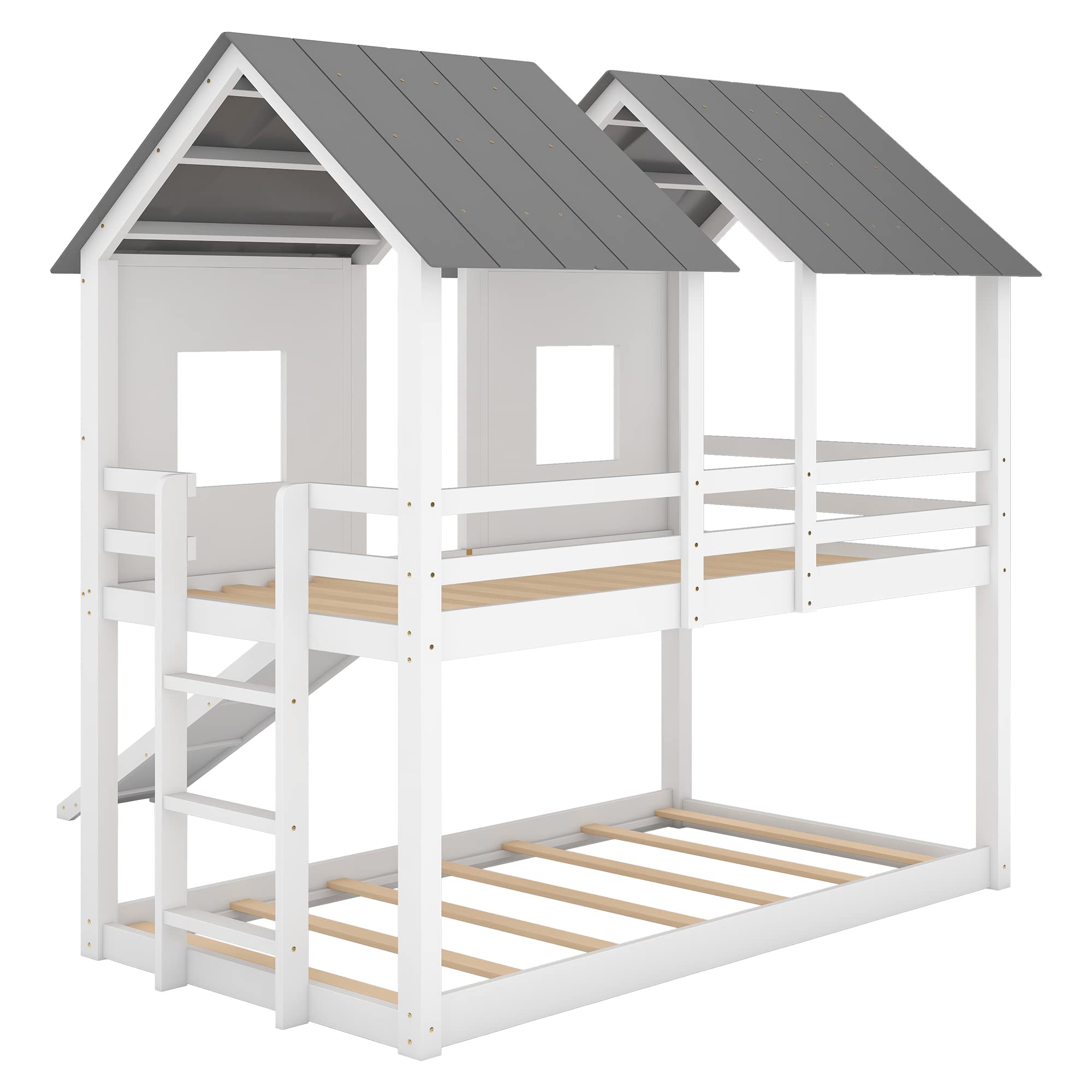 MERITLINE Twin Over Twin House Bunk Bed with Slide, Wooden Bunk Bed with Roof and Windows for Kids Teens Girls Boys – White