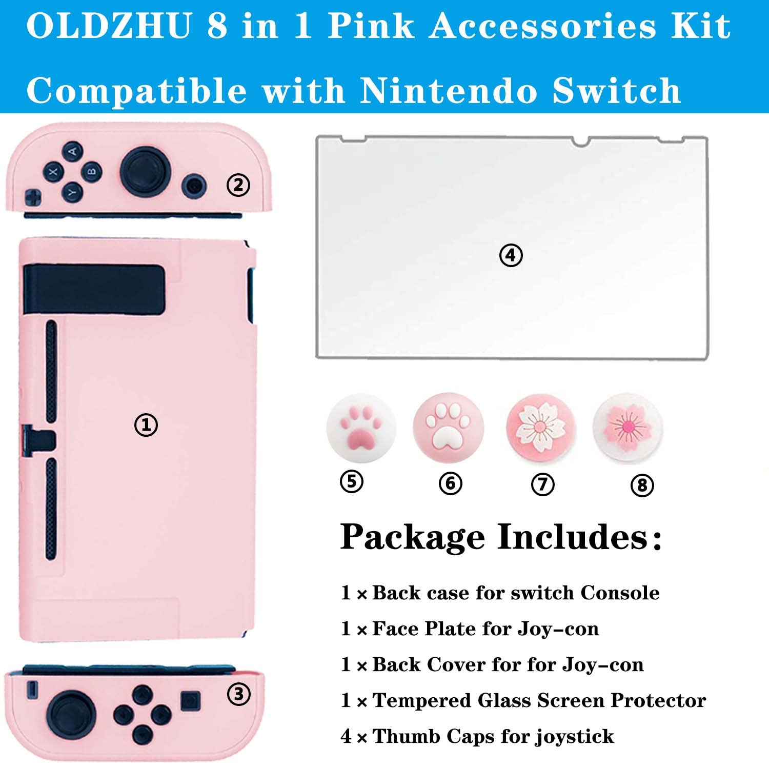 OLDZHU Pink Dockable Protective Case Cover Compatible with Nintendo Switch Joy-Con Controllers,with Glass Screen Protector and 4 Thumb Grips,Shock-Absorption and Anti-Scratch (Pink)