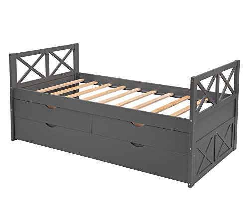 GLORHOME Twin Platform Bed,Multifunctional Wood Storage DayBed Sofa Bed Frame with Trundle and Two Drawers for Living Room Bedroom, Grey