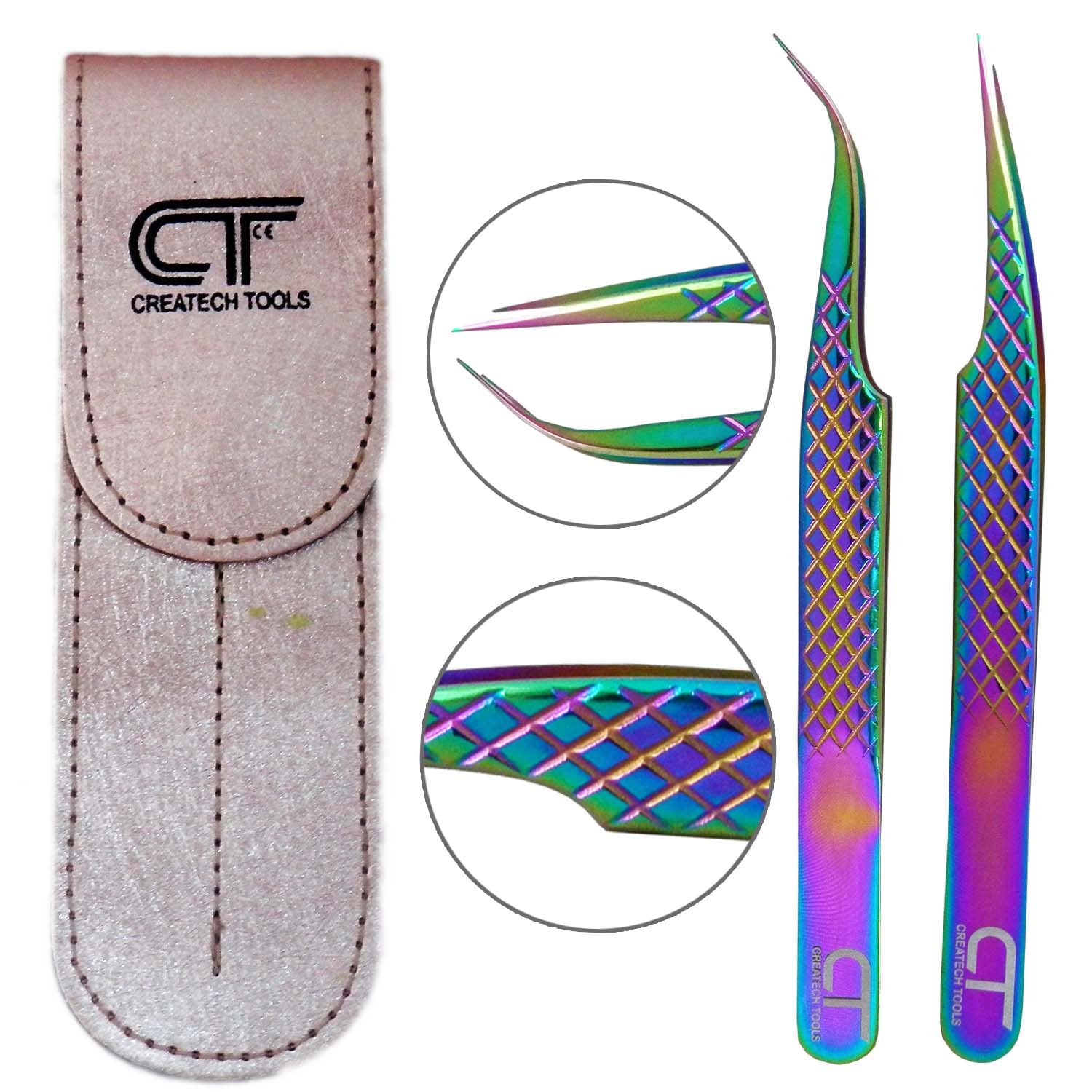 Createch Tools CT Eyelash Tweezers β Lash Tweezers for Extensions, Straight, Curved, Individual, Russian Volume, Isolation β Stainless Steel Rainbow Set (2-PCs Rainbow Set) (ELT)