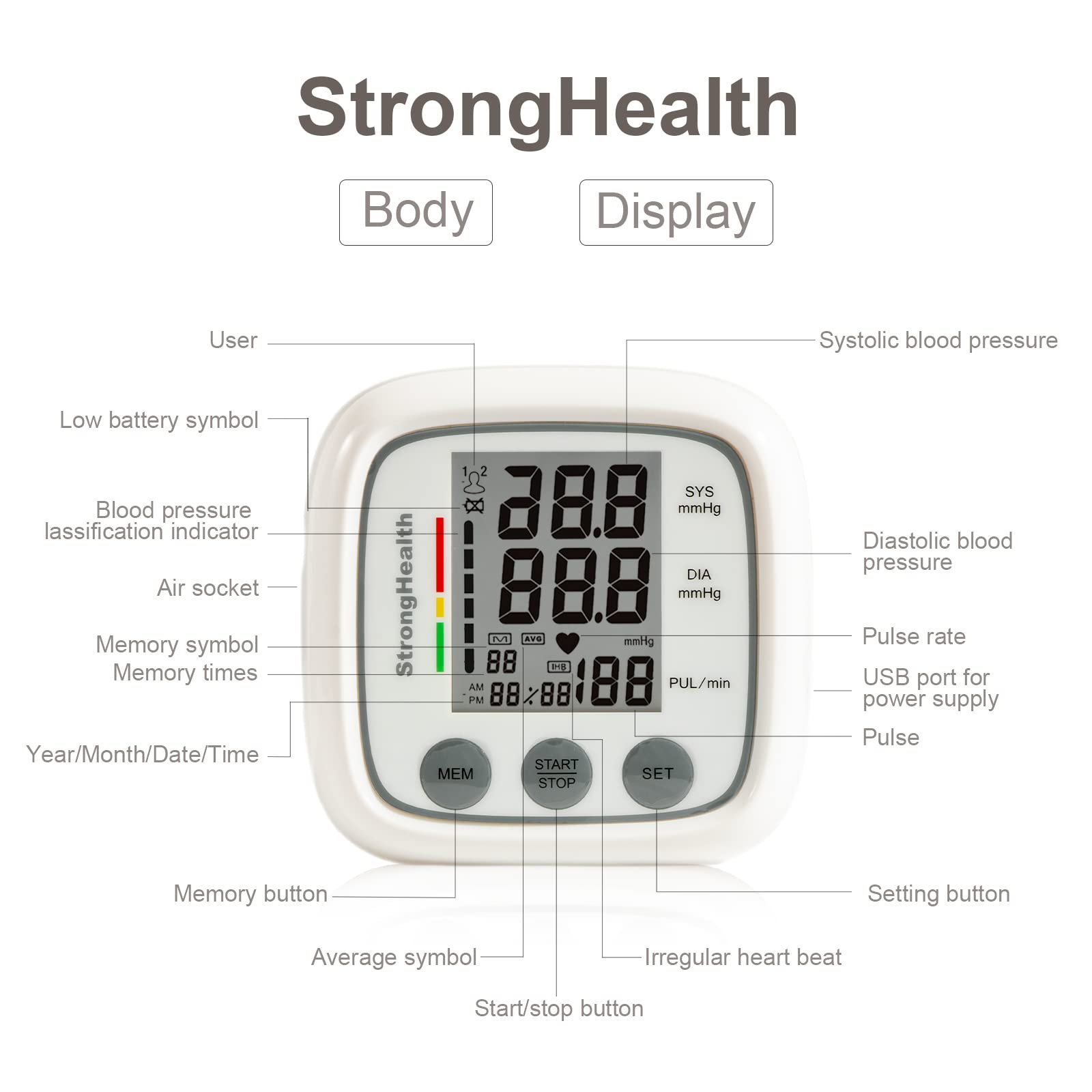 Blood Pressure Monitor Arm, Automatic Blood Pressure Machine with Cuff, Digital High BP Monitors for Home Use, One Touch Operation, with Support Frame and Portable Rope