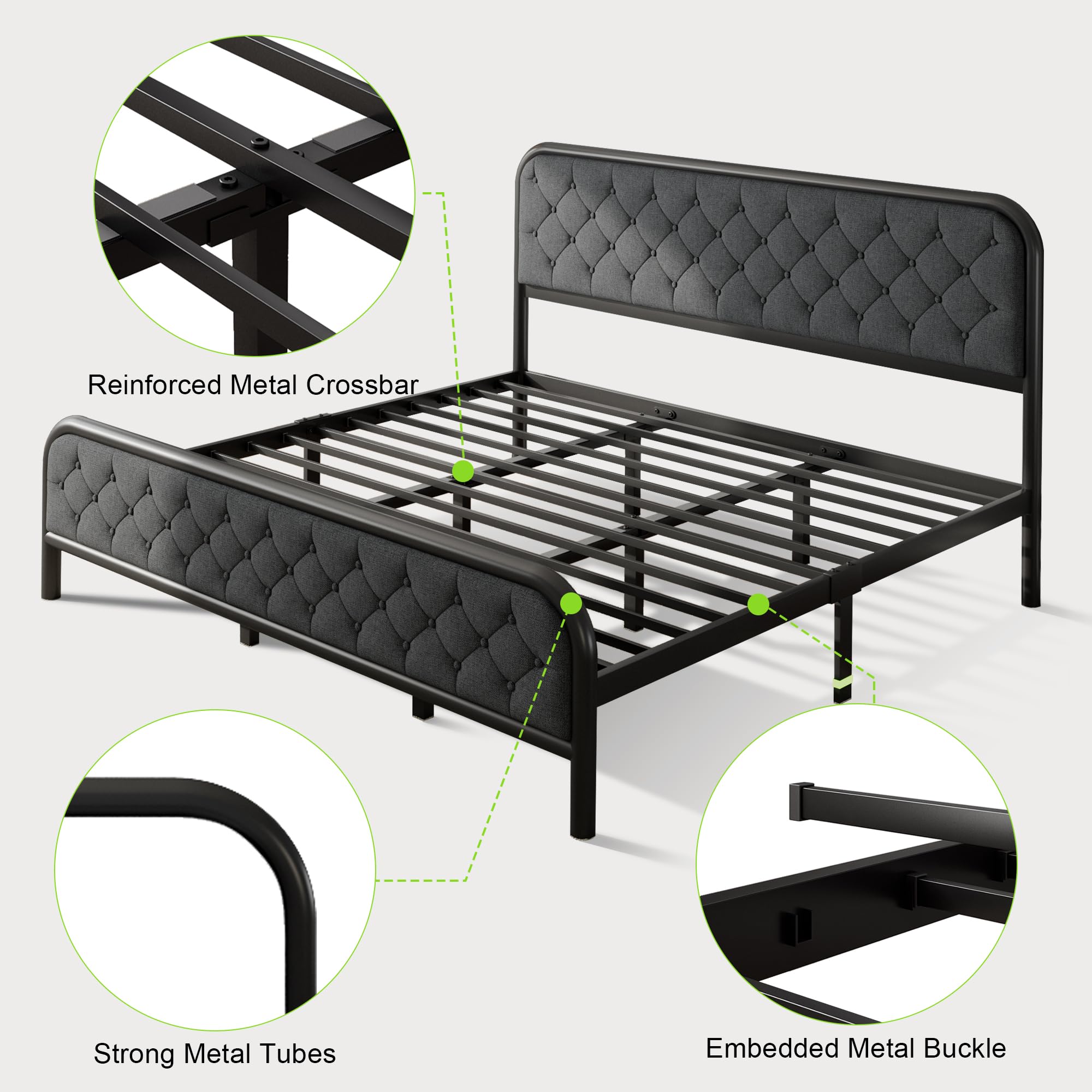 Feonase Full Size Bed Frame, Upholstered Metal Bed Frame with Liene Tufted Headboard, Heavy Duty Metal Slats, 12" Storage Space, No Box Spring Needed, Easy Assembly, Linen Gray