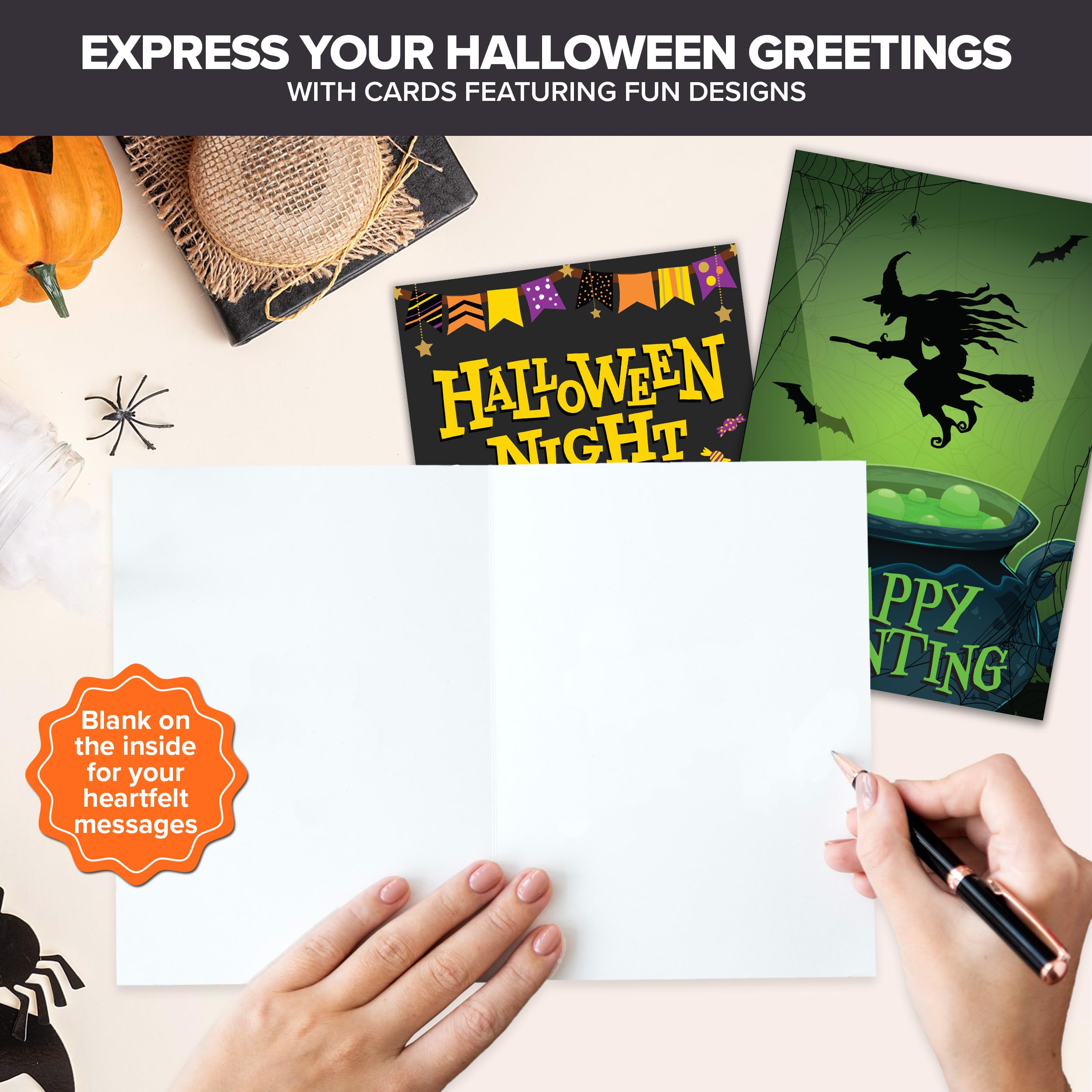 Decorably 24 Pack Happy Halloween Cards with Envelopes & Stickers - 8 Designs Blank Inside Halloween Cards and Envelopes, 4x6in Halloween Cards for Kids, Halloween Note Cards, Halloween Greeting Cards