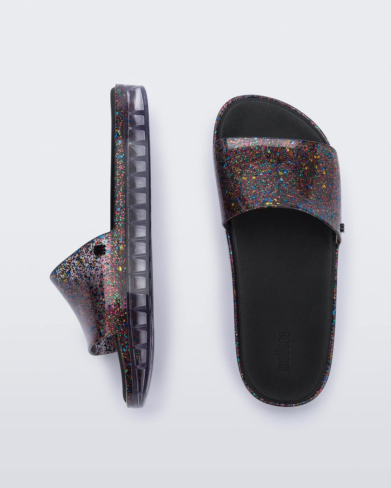 Melissa Next Gen Beach Jelly Slides for Women - Super Soft and Flexible, Stylish Slip-on Vegan Jelly Sandals, Flip Flops with Open Toe Design, Glitter/Clear, 8