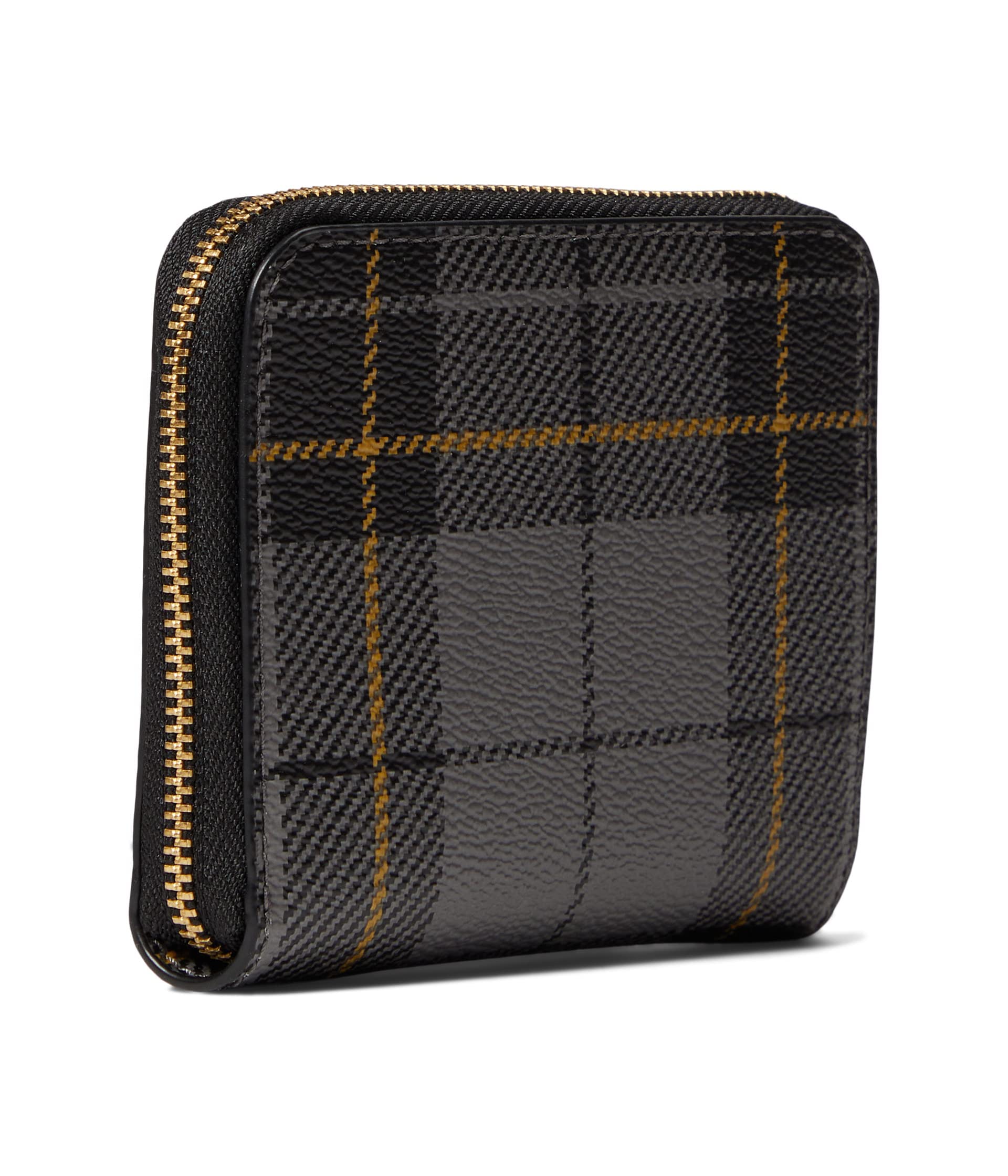 Coach Novelty Box Program Plaid Print Small Zip Around Wallet Black Multi One Size