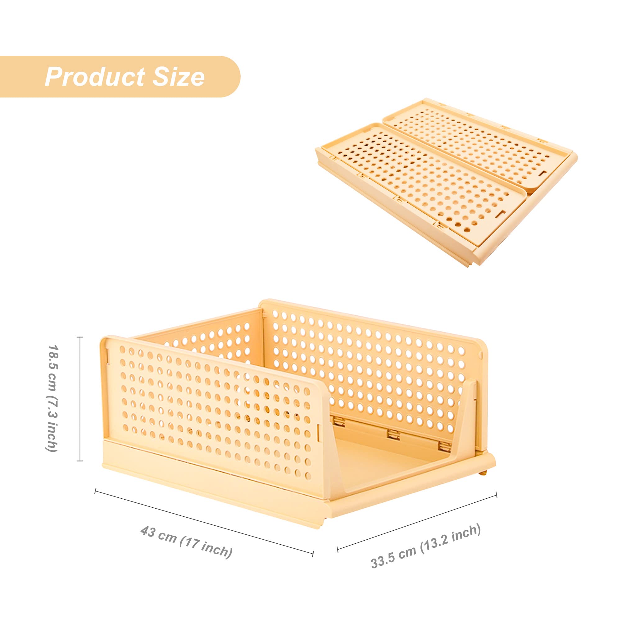 souG 2 Pack (17x 13.2 x 7.3 inch)Stackable Plastic Storage Basket-Foldable Closet Organizers Storage Bins, Perfect for Kitchen, Office, Bedroom & Bathrooms(Yellow)