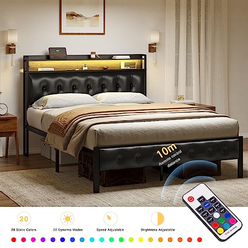 HAUSOURCE Full Bed Frame with Storage Headboard & Footboard Upholstered Platform Bed with LED Lights USB Ports & Outlets No Box Spring Needed