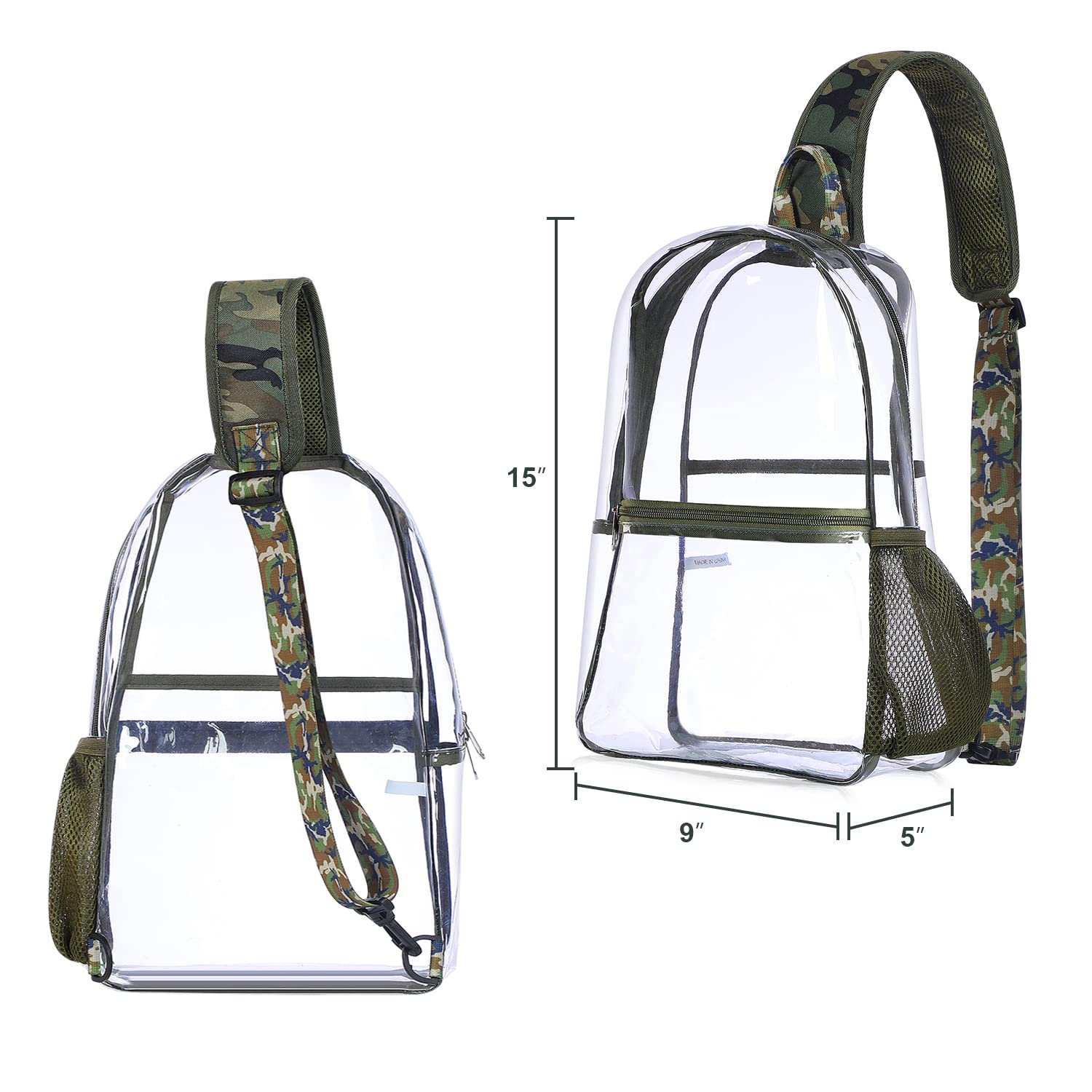 CLEKEGBAG Clear Sling Bag Crossbody Camouflage Backpack - See Through Concert Approved - One Strap Transparent Plastic Sling Bag for Men (15x4.5x9 inches)