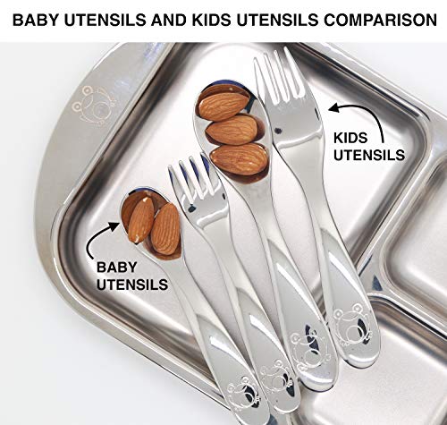 Kiddobloom Baby Stainless Steel Utensil Set. Education Series. Stainless #304 (18/8) 5pc Set (2 Spoons, 2 Forks, 1 Baby Butter Spreader/Food Pusher). Suitable for Baby Feeding/Weaning. Elegant Gift