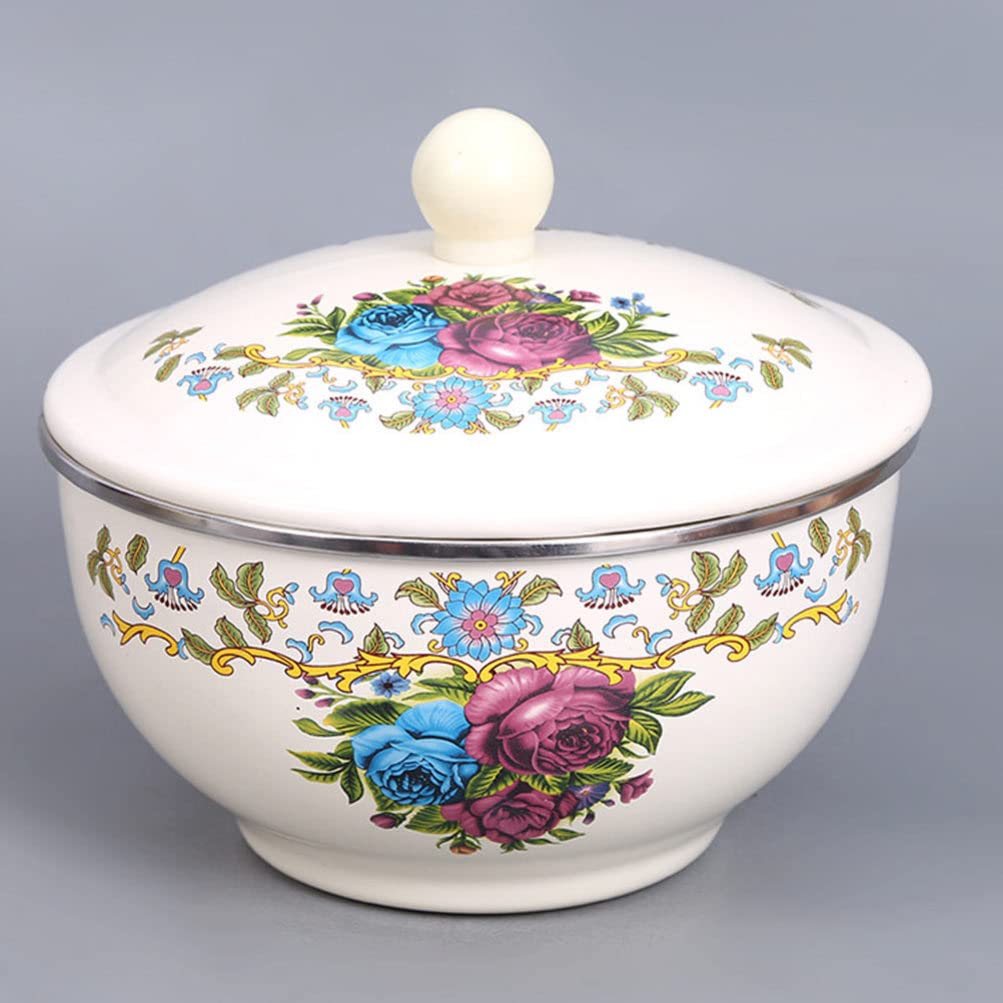 Cabilock Mixing Bowl Enamel Soup Bowl With Lid Flower Prints Enamelware Basin Old- fashioned Bowl Thickened Enamelware Bowl Large Capacity Vegetable Fruit Rice Pot Random Color Enamel Serving Bowls
