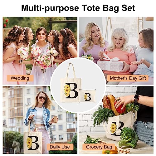 DERTE Personalized Initial Canvas Tote Bag Floral Letter Makeup Bag Monogrammed Gift Beach Tote Bags for Women Bridesmaids Birthday Wedding Bridal Shower (Letter B)