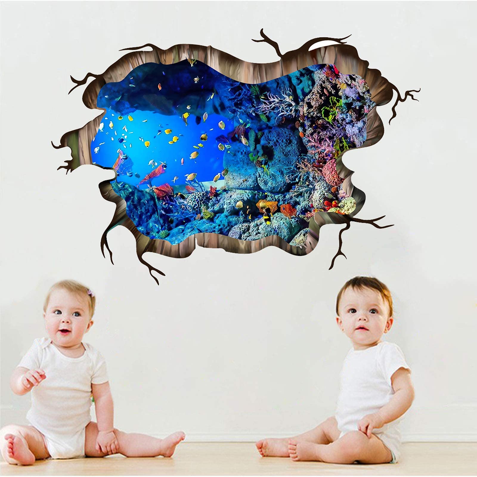 BOSUE SLLXG 3D Underwater World Wall Decal Home Floor Stickers Decor Vivid Fish Sea Turtle Broken Animals Art Wall Decal Under The Sea Bathroom Bedroom Decor Floor Sticker Nursery -80*120cm