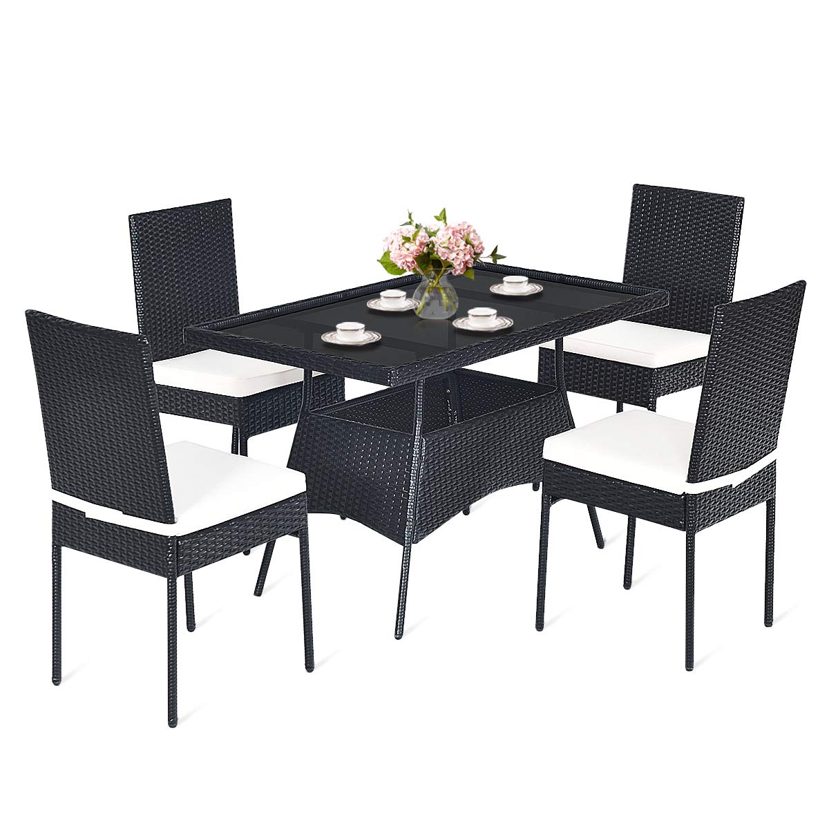 HAPPYGRILL 5-Piece Patio Dining Set Rattan Wicker Table Chairs Set with Cushions & Tempered Glass Table Top, Patio Furniture Outdoor Dining Set for Garden Poolside