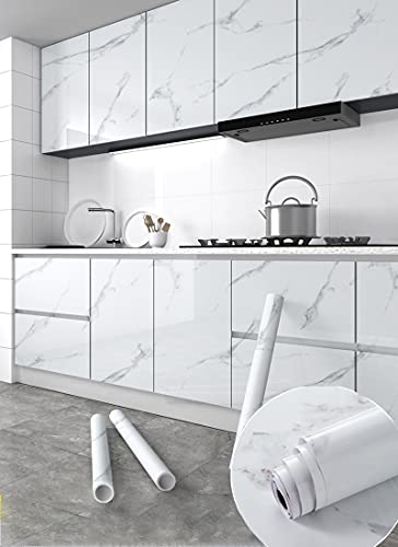 Glossy Marble Paper Granite Gray/White Wallpaper Peel and Stick Wallpaper Self Adhesive Removable Wallpaper 15.8″ ×197″ Waterproof Countertop Paper for Cabinet Countertop Furniture Kitchen Viny Film