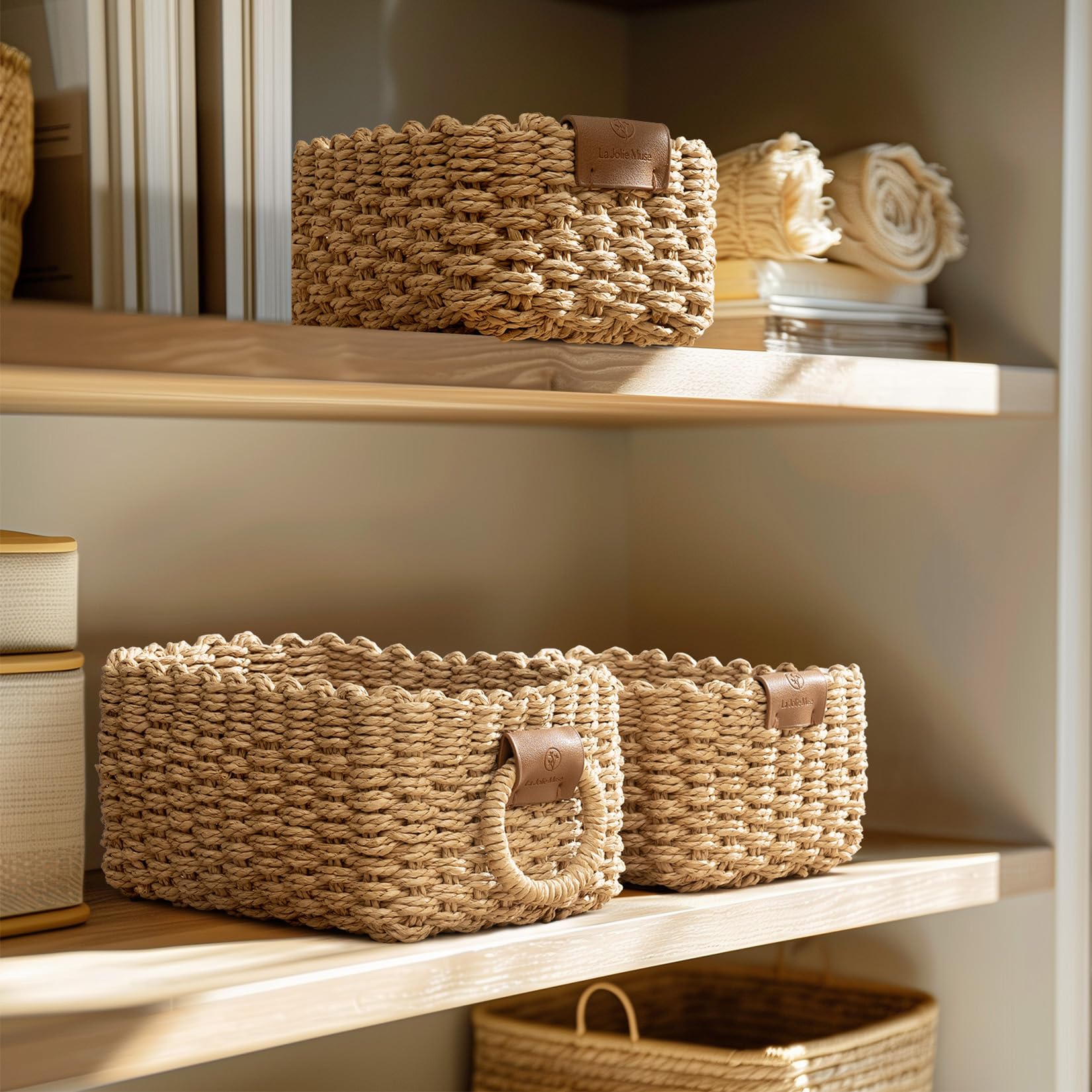 La Jolie Maison Small Sand Wicker Baskets Set of 3, Paper Rope Storage Baskets with Handle, Small Woven Baskets for Organizing, Decorative Cute Baskets for Gifts