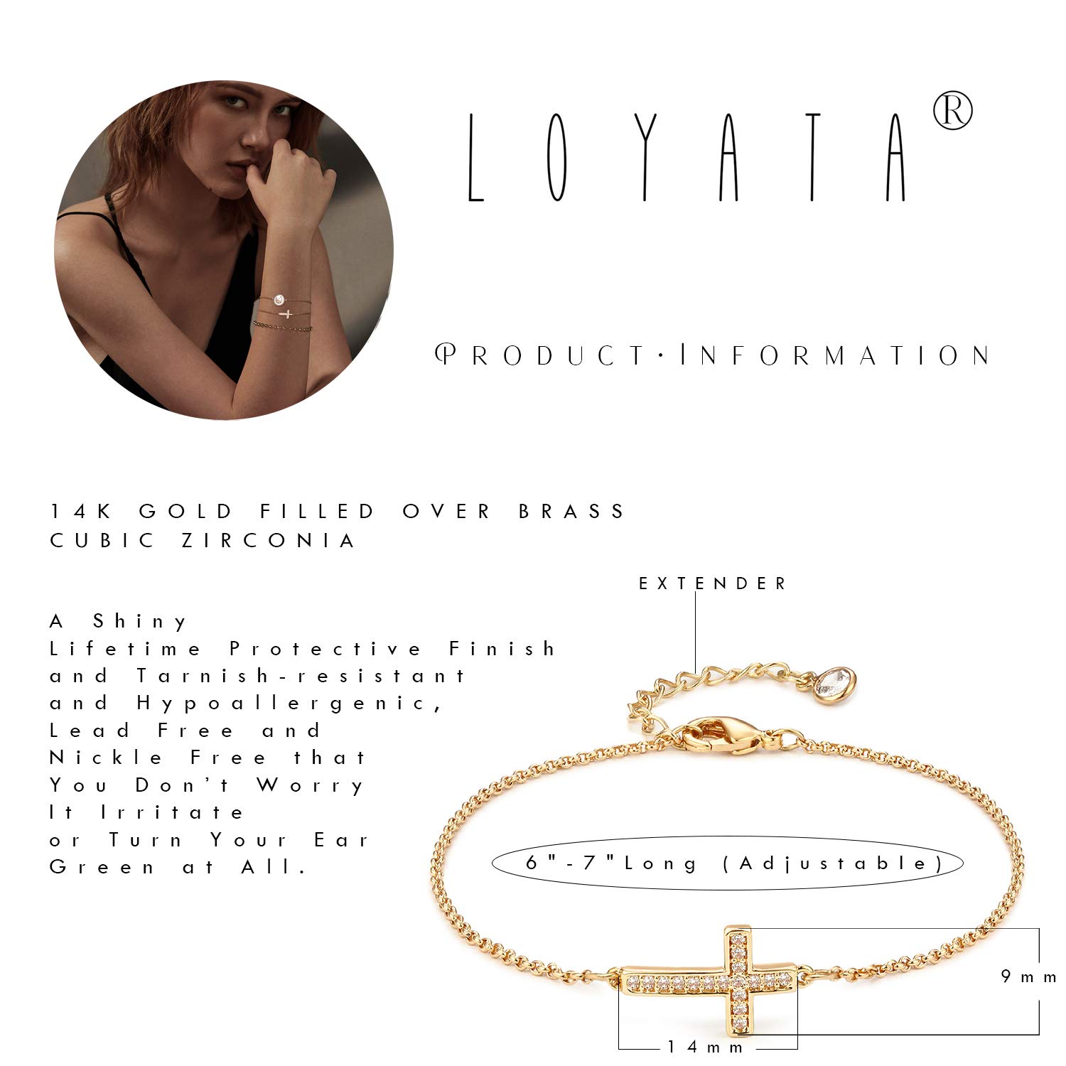 LOYATA Sideway Cross Bracelet Gold Diamond Cubic Zirconia 14K Gold Plated Dainty Chain Simple Jewelry Gift for Women