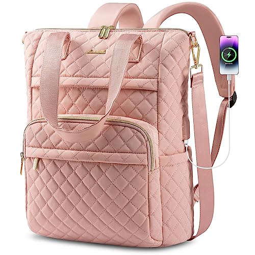 LOVEVOOK Laptop Backpack for Women 17 inch,Diamond Quilted Convertible Backpack Tote Laptop Computer Work Bag,Cute Womens Travel Backpack Purse College Teacher Carry on Back pack with USB Port,Pink
