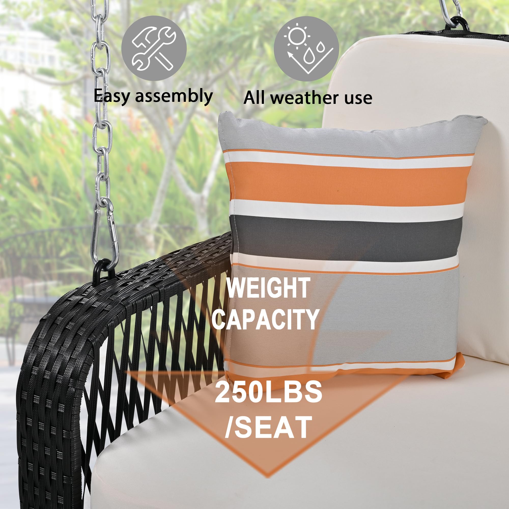 Merax Porch Swing Outdoor, 2 Person Wicker Hanging Bench with Cushion and Pillow, Patio Rattan Lounge for Backyard, Garden, Poolside, Beige
