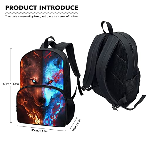 DMOYALA Cool Boys Backpack Fire and Ice Wolf Backpacks Girls Wolf School Bookbag Wolf School Bag Casual Lightweight School Backpack 17 Inch Backpack for 8-12