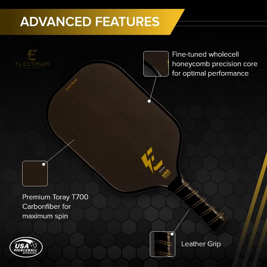 Electrum Model E 13mm Pickleball Paddle USAPA Approved | Carbon Fiber Surface | Polypropylene Honeycomb Core | Paddle for Spin and Power