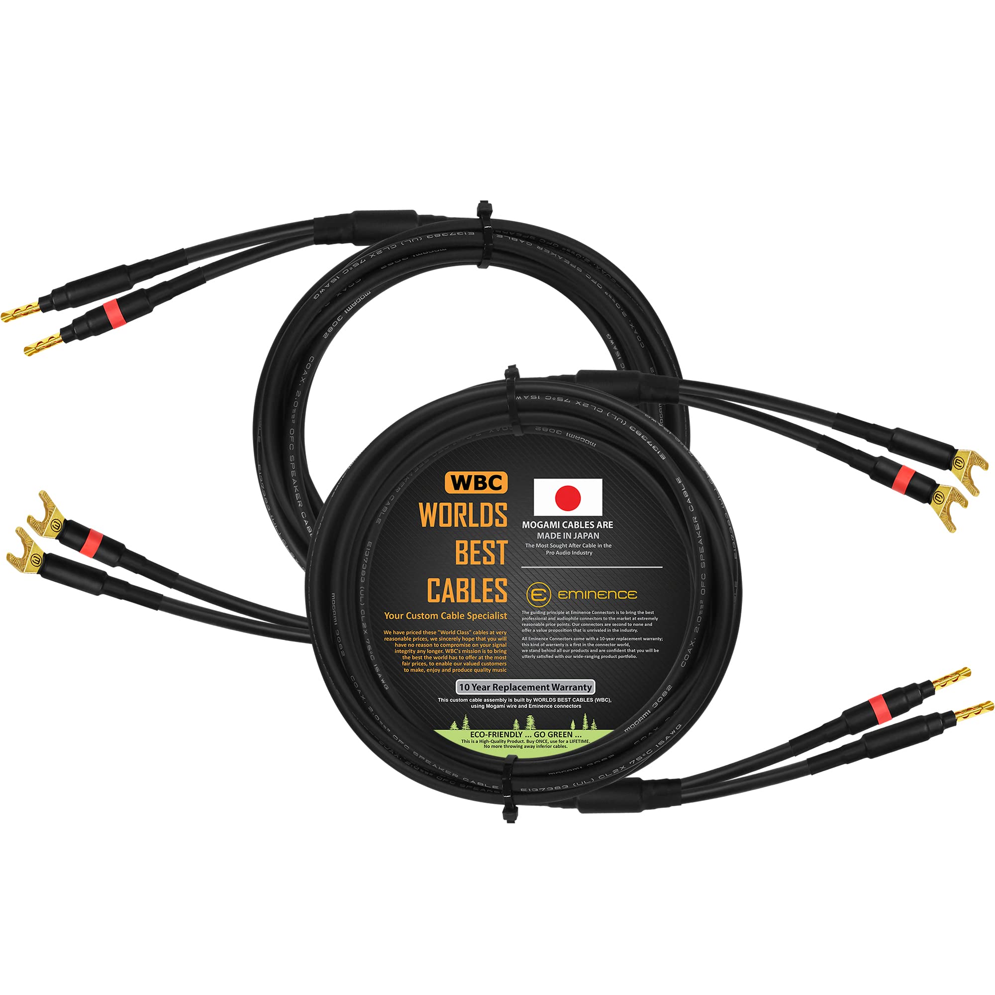 WORLDS BEST CABLES 15 Foot - Coaxial Audiophile Speaker Cable Pair Custom Made Using Mogami 3082 Wire & Eminence Gold Plated Banana & Spade Plugs