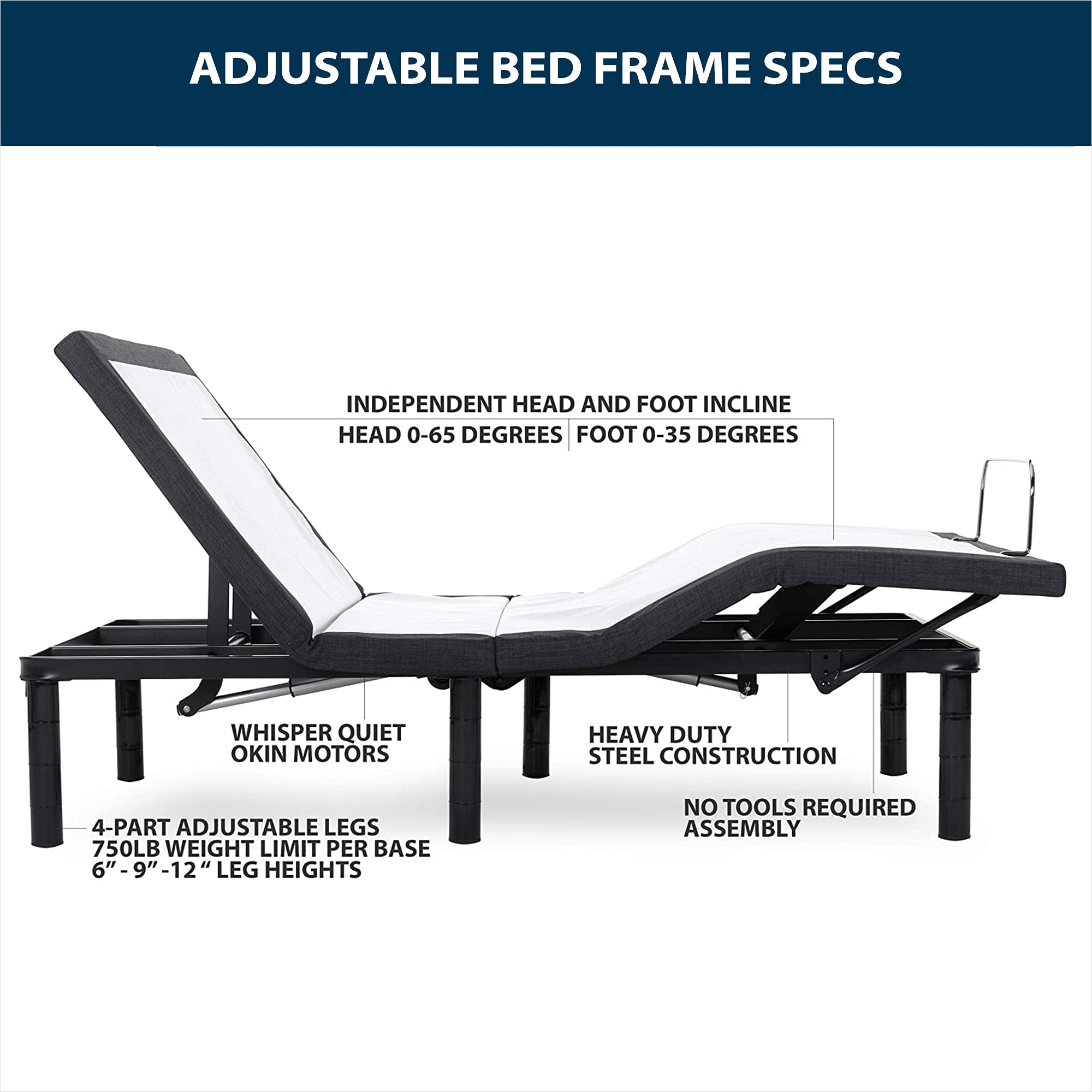 Blissful Nights e3 Twin XL Adjustable Bed Base with Wireless Remote Head and Foot Incline and No Tools Required Assembly