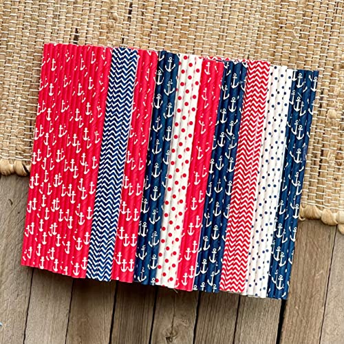 Bulk Anchor Nautical Theme Paper Straws - Navy Blue Red and White Party Supplies - 250 Pack Outside the Box Papers Brand