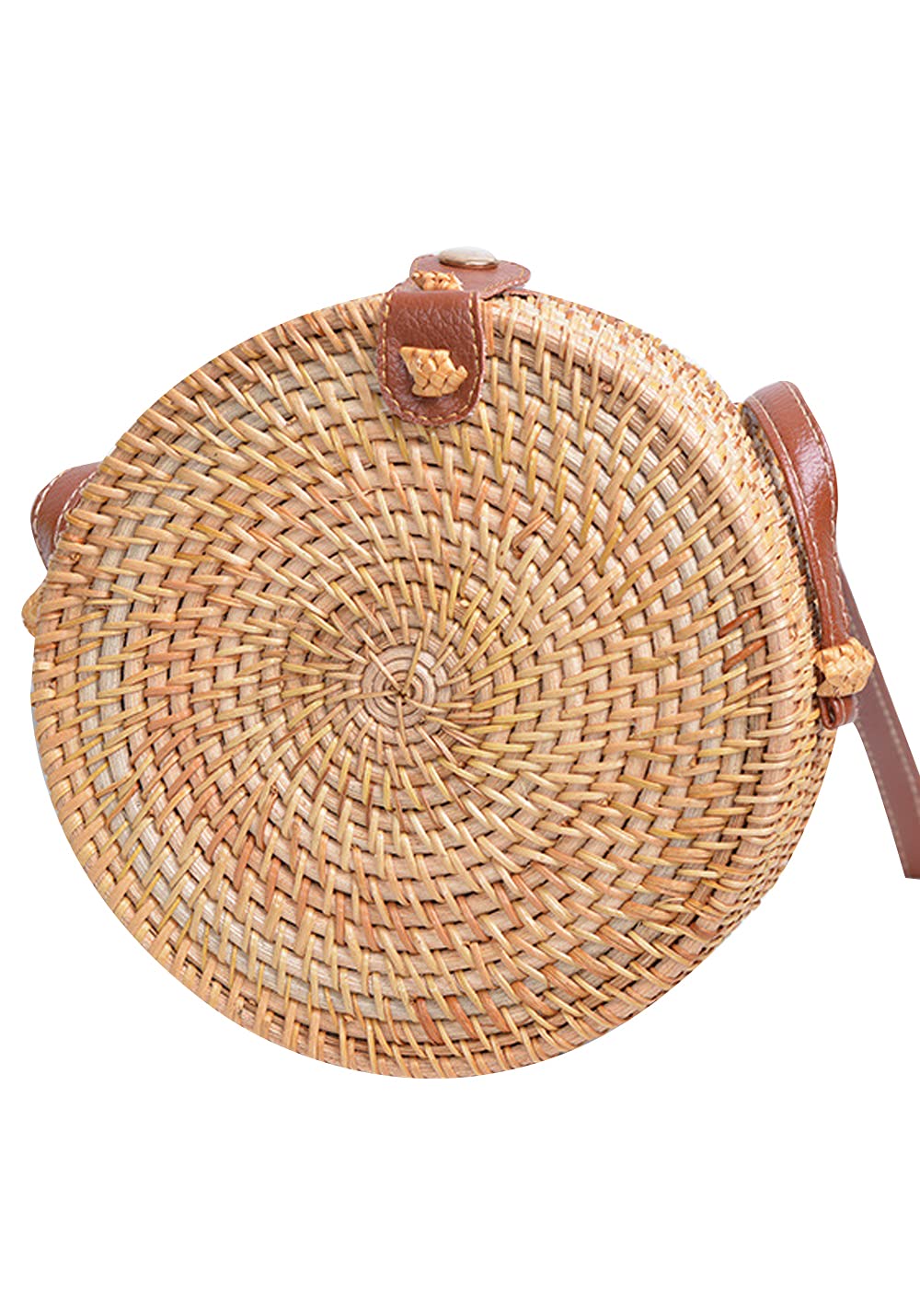 SHAREYOIU Handwoven Round Rattan Bag Shoulders Natural Chic Hand Tropical Beach Style Woven with Leather Strap (Pure, 7 x 3.2 inches)