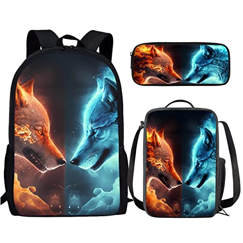 DMOYALA Ice and Fire Wolf Backpack for Women Girls Aesthetic Big Backpack Purse with Front Pocket Laptop Backpack for High School Students Insulated Lunch Bag Small Pencil Bag for Students