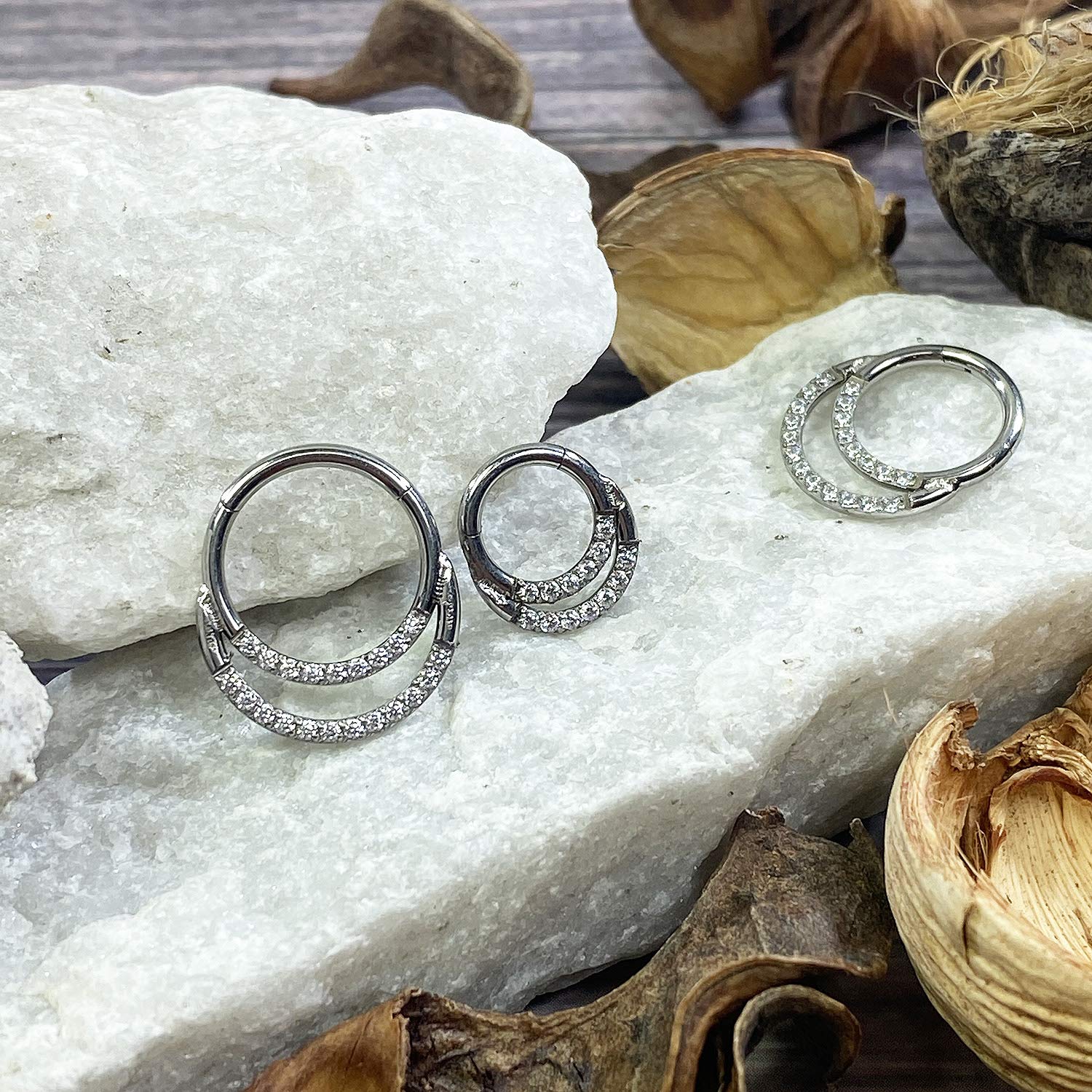 BodyJ4You Piercing Ring 16G Hinged Clicker Hoop Implant Grade Titanium Double Lined Paved CZ Gem Septum Nipple Daith