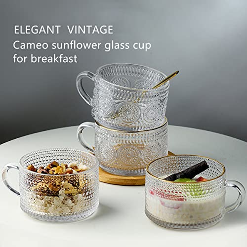LUECMO Vintage Coffee Tea Cups [2 Pack], 14 oz Glass Tea Coffee Mugs, Clear Embossed Glass Cups for Cappuccino, Latte,Cereal, Yogurt, Beverage (Transparent)